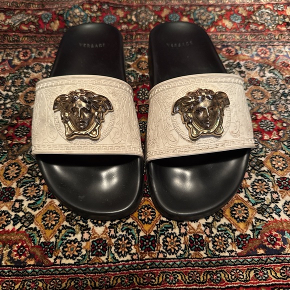 Versace | Shoes | Versace Black And Gold Medusa Slides | Poshmark